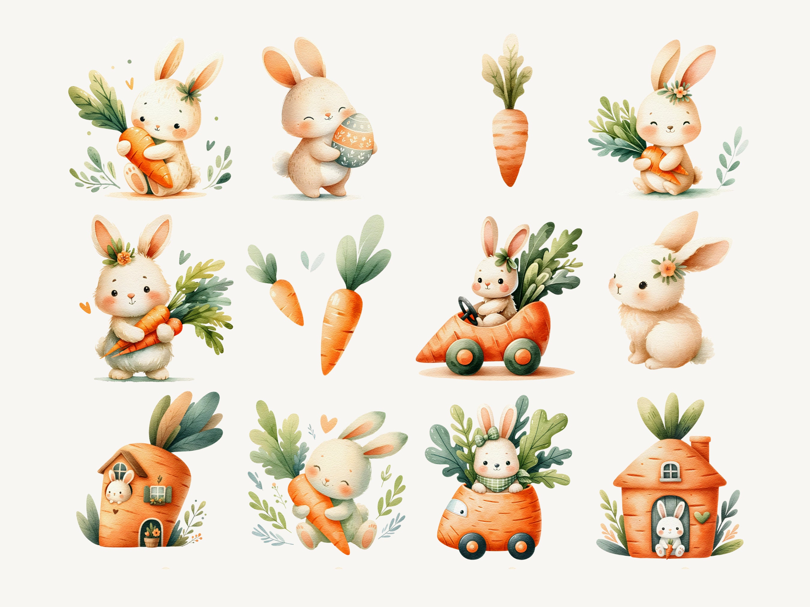 Cute Easter Bunny Carrot Clipart Bundle, Easter Rabbit PNG, Spring ...