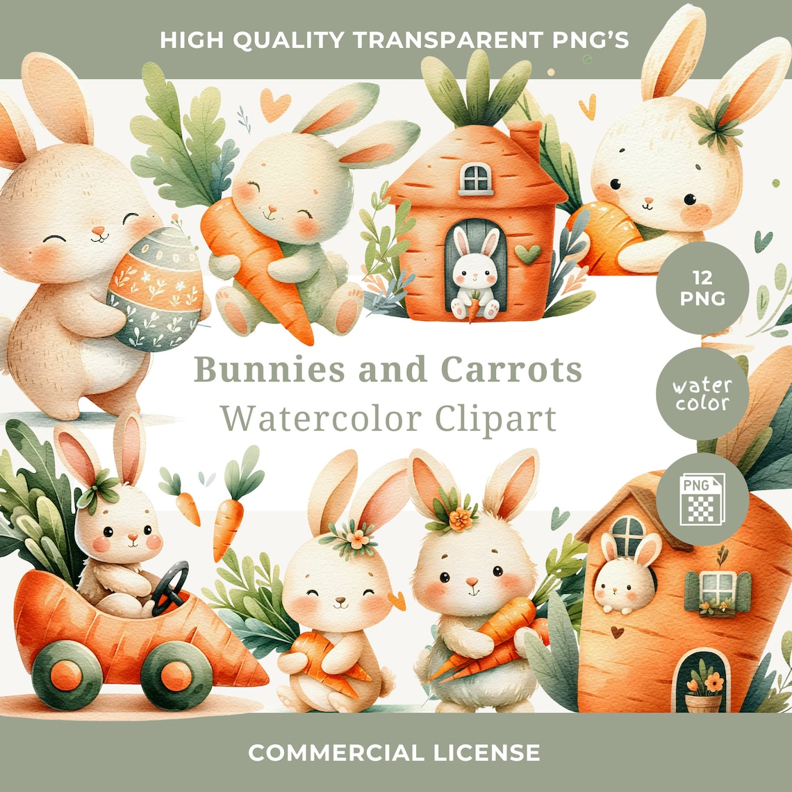 Cute Easter Bunny Carrot Clipart Bundle, Easter Rabbit PNG, Spring ...