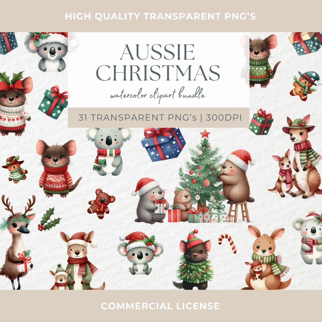 Aussie Christmas Animals Watercolor Clipart Australian Xmas for ...