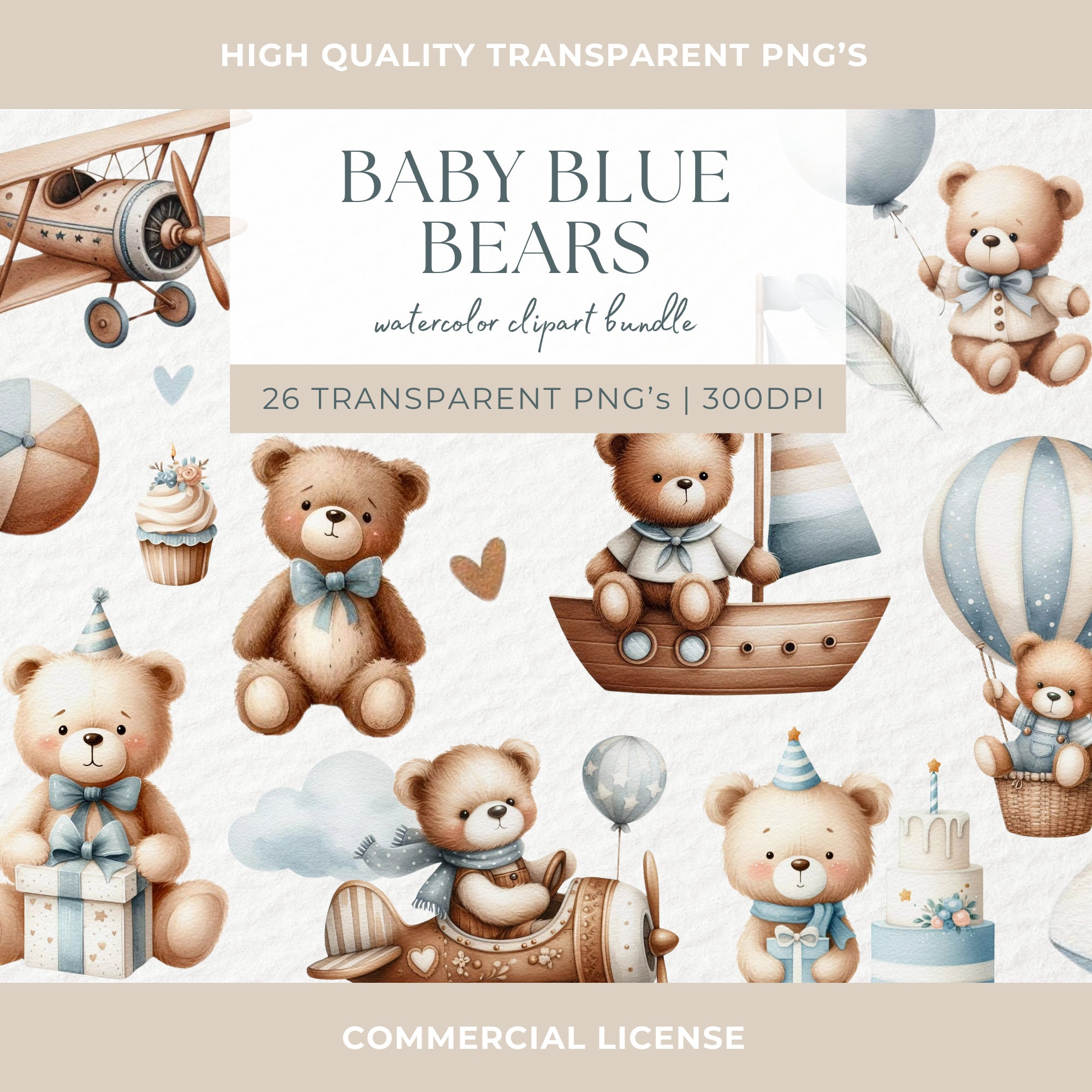 Baby Shower Bear Clipart Bundle Watercolor Blue Boy Teddy Bear Clip Art ...