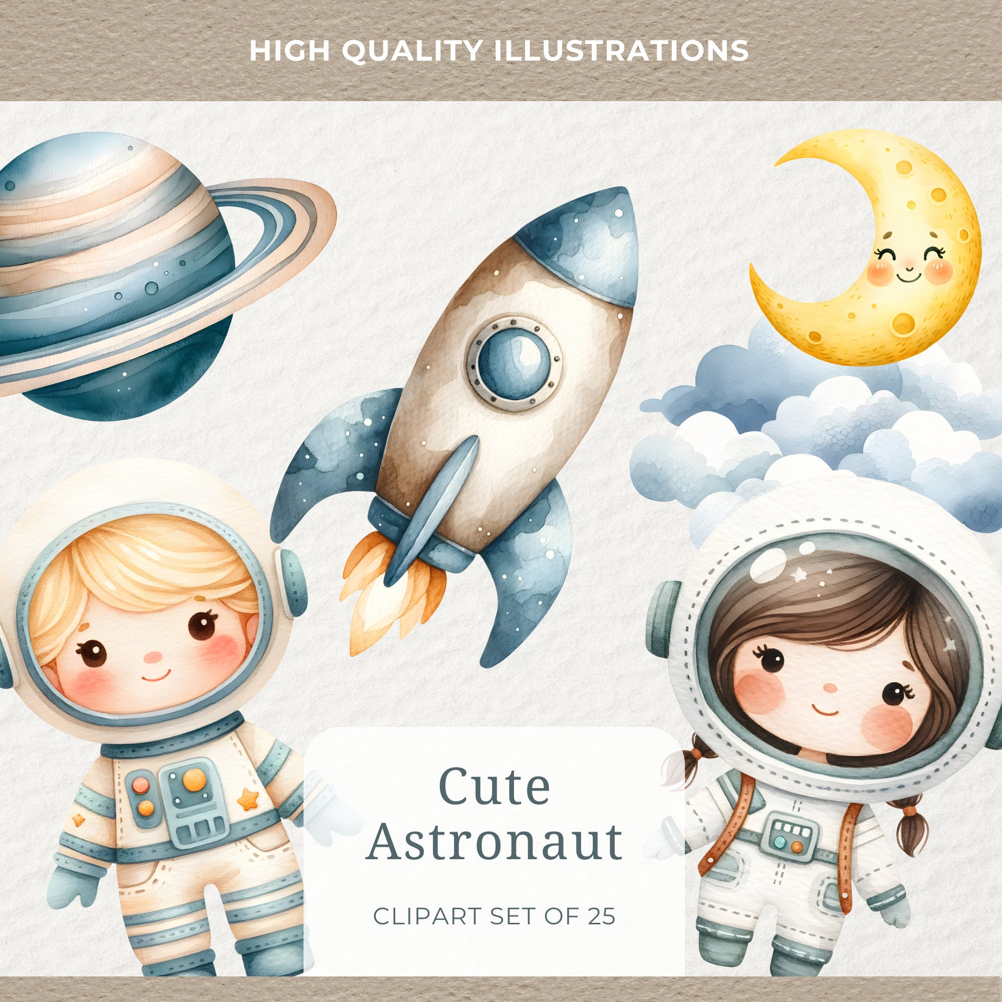Cute Space Clipart Bundle Watercolor Pastel Girl Nursery Clipart ...