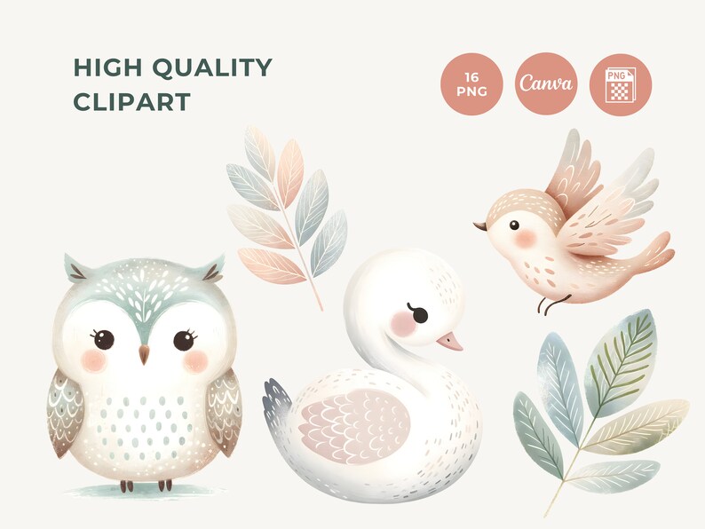 Boho Nursery Watercolor Birds Clipart: Whimsical Animal Illustrations ...
