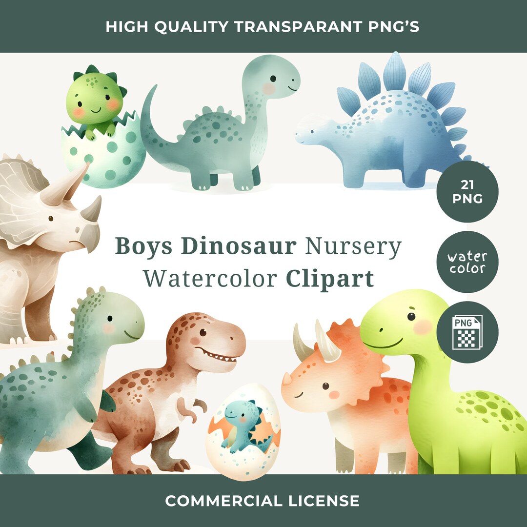 Cute Dino Watercolor Clipart Boys T-rex Nursery Decor Clip Art Dinosaur ...