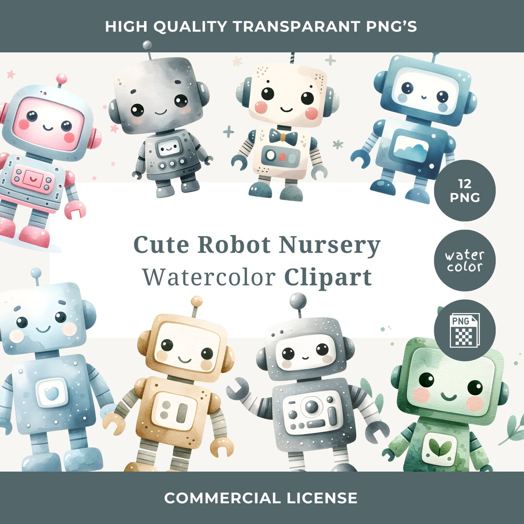 Cute Robot Watercolor PNG Set Space Cartoon Aquarelle Clipart Tech Kids ...