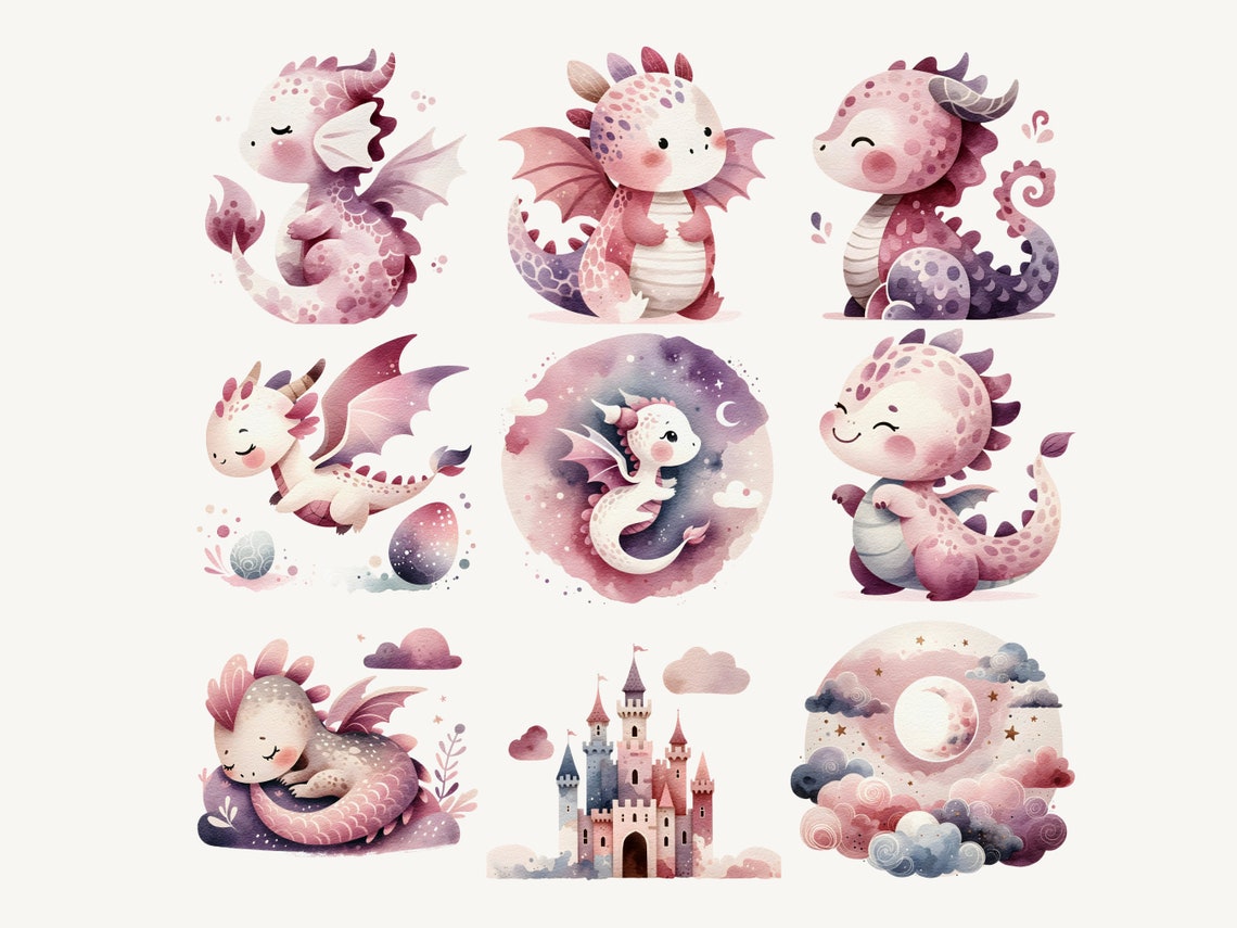 Girl Dragon Watercolor Clipart Cute Girly Dragons Girls Birthday Party ...