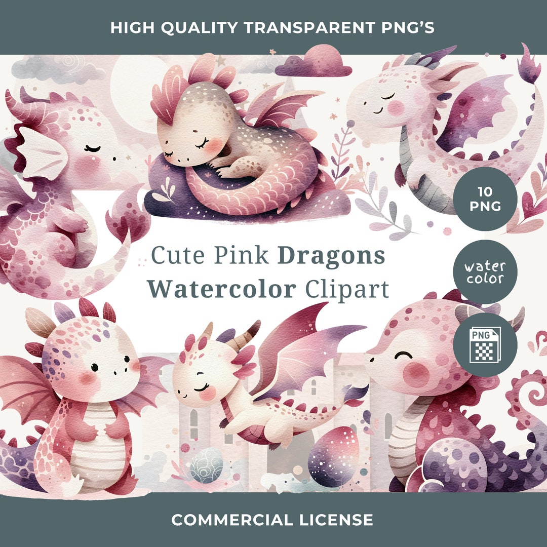 Girl Dragon Watercolor Clipart Cute Girly Dragons Girls Birthday Party ...