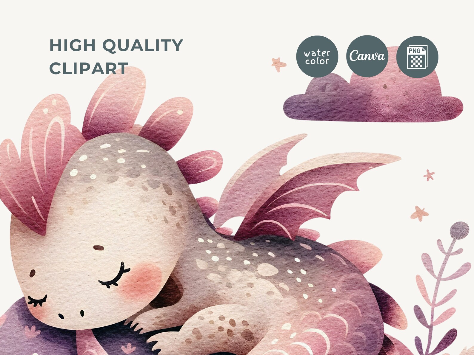Girl Dragon Watercolor Clipart Cute Girly Dragons Girls Birthday Party ...