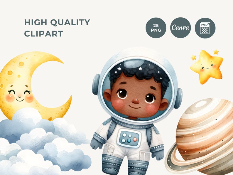 Astronaut Watercolor Clipart Space Plants Cute Astronaut Moon Stars ...