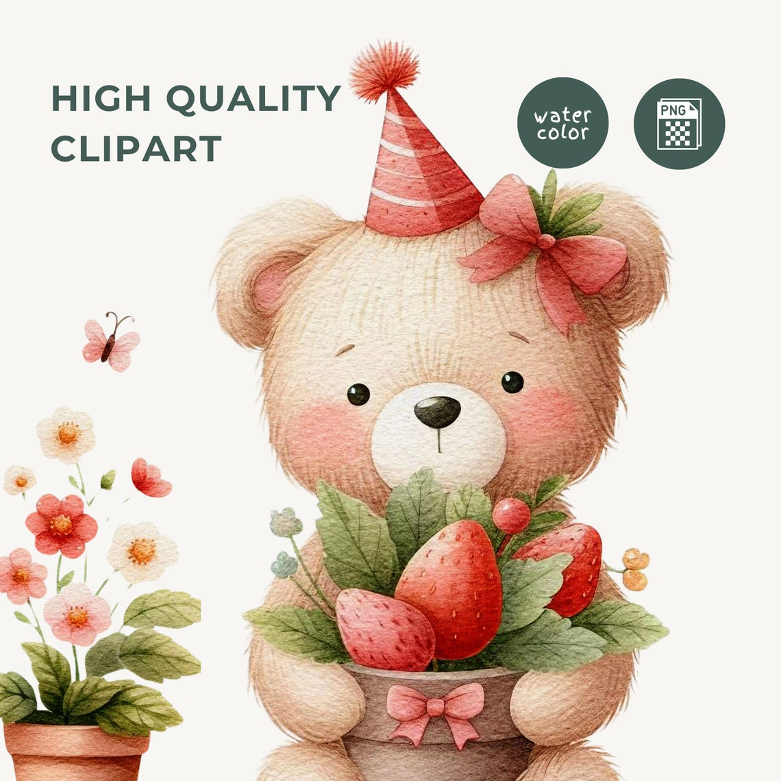 Watercolour Strawberry Clipart Cute Berry First Birthday Clipart Bundle ...