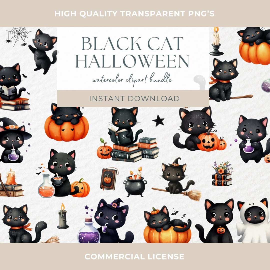Black Cat Books Halloween Watercolor Clipart Bundle PNG Sublimation ...