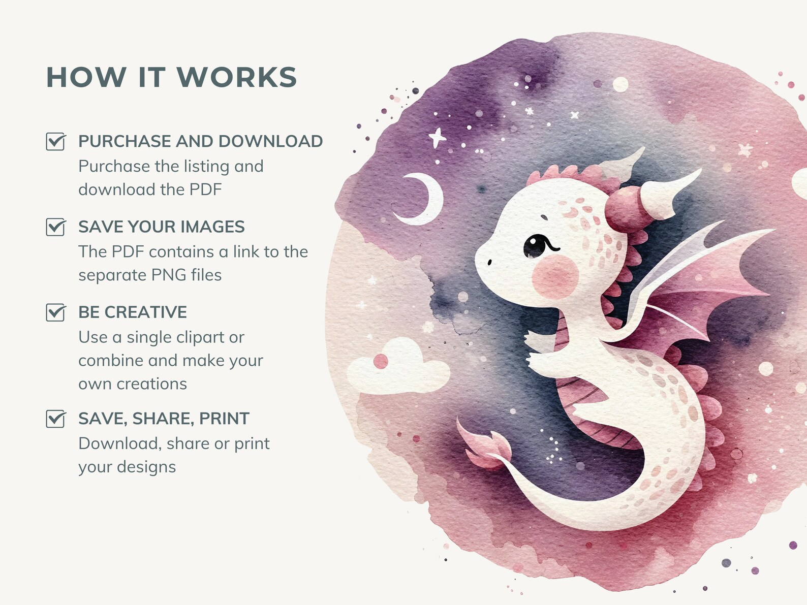 Girl Dragon Watercolor Clipart Cute Girly Dragons Girls Birthday Party ...