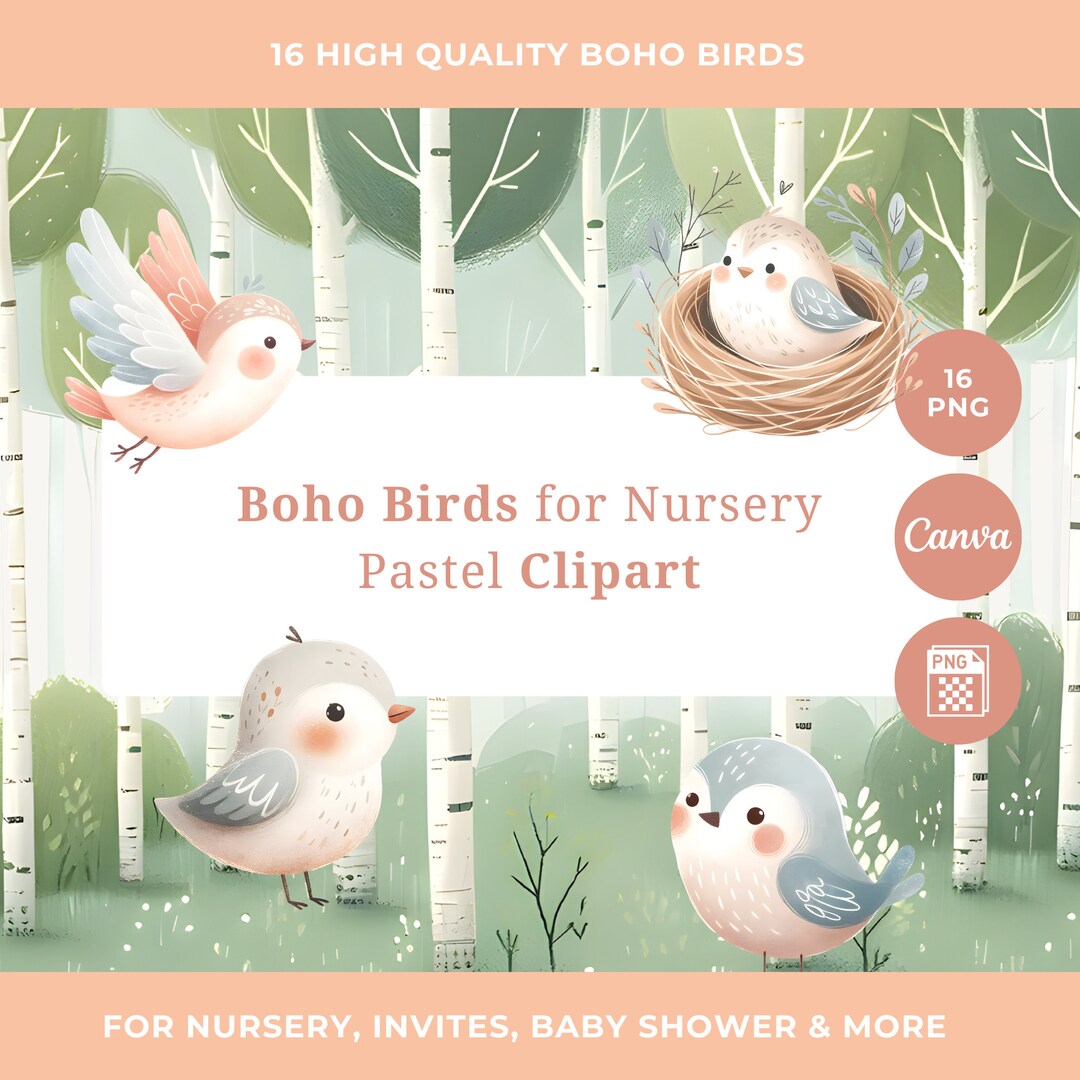 Boho Nursery Watercolor Birds Clipart: Whimsical Animal Illustrations ...