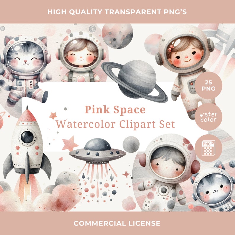Outer Space Clipart, Watercolor Cute Space Clipart, Space Girl Clipart ...