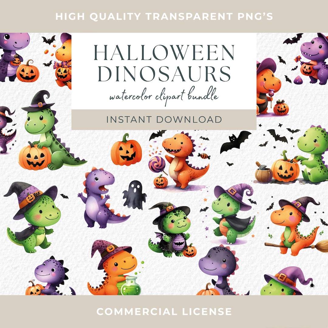Cute Halloween Dinosaur Clipart Set for Children Spooky Season Clip Art ...