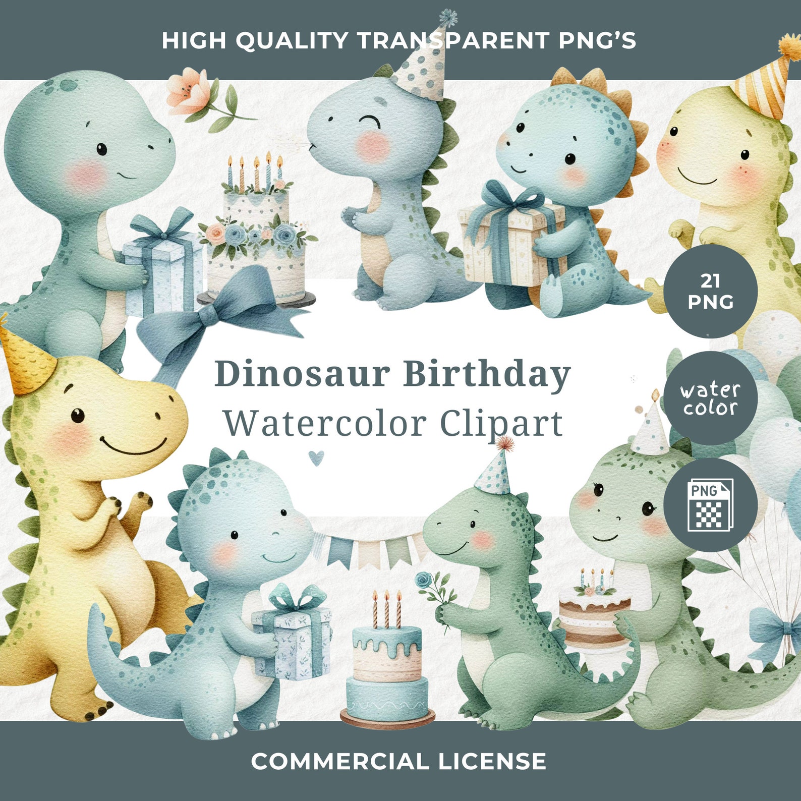 Birthday Dino Clipart Bundle 21 Watercolor PNG Images of Funny ...