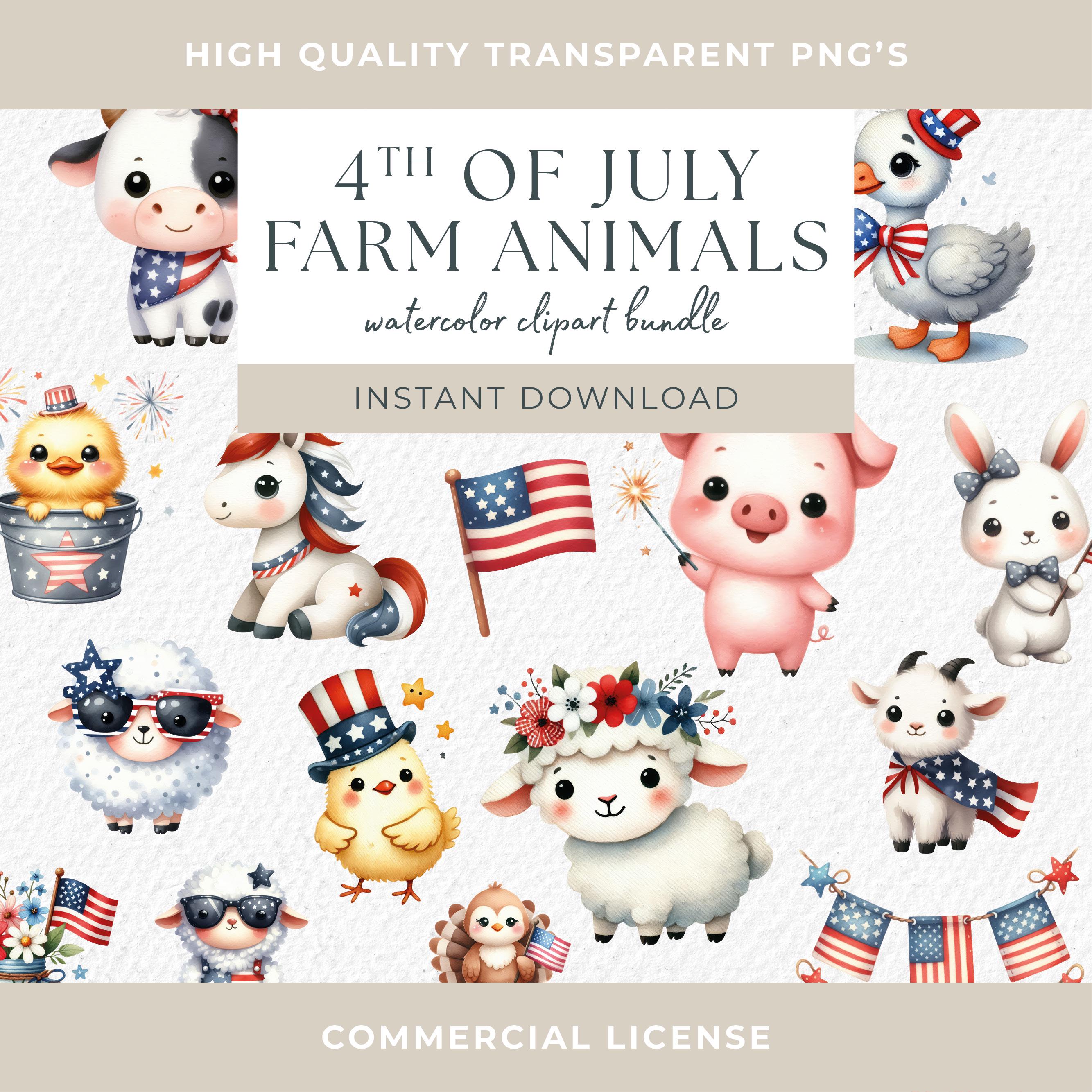 4th of July Animals Clipart Bundle Watercolor Patriotic Farm Animals ...