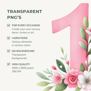 Watercolor Floral Numbers Collection Clipart Pink Flowers Planner ...