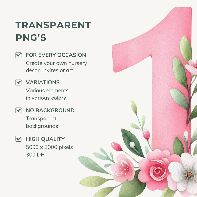 Watercolor Floral Numbers Collection Clipart Pink Flowers Planner ...