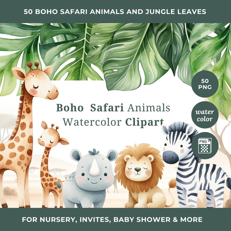 Cute Jungle Animals Clipart, Safari Baby Animal PNG, Watercolor Animal ...