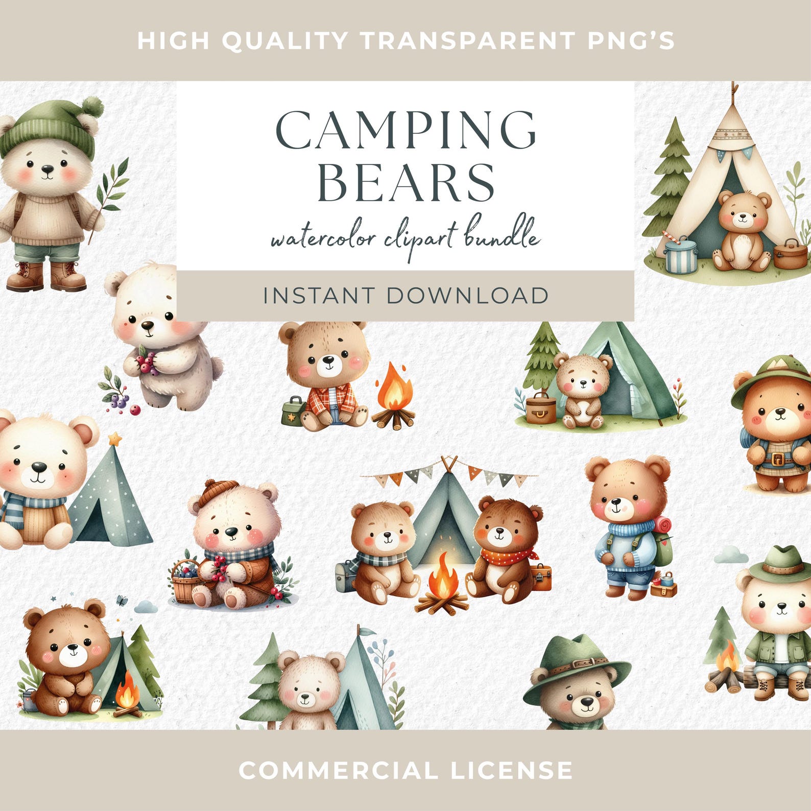 Neutral Camping Bear Clipart Tent Nature Campfire Campsite Commercial ...