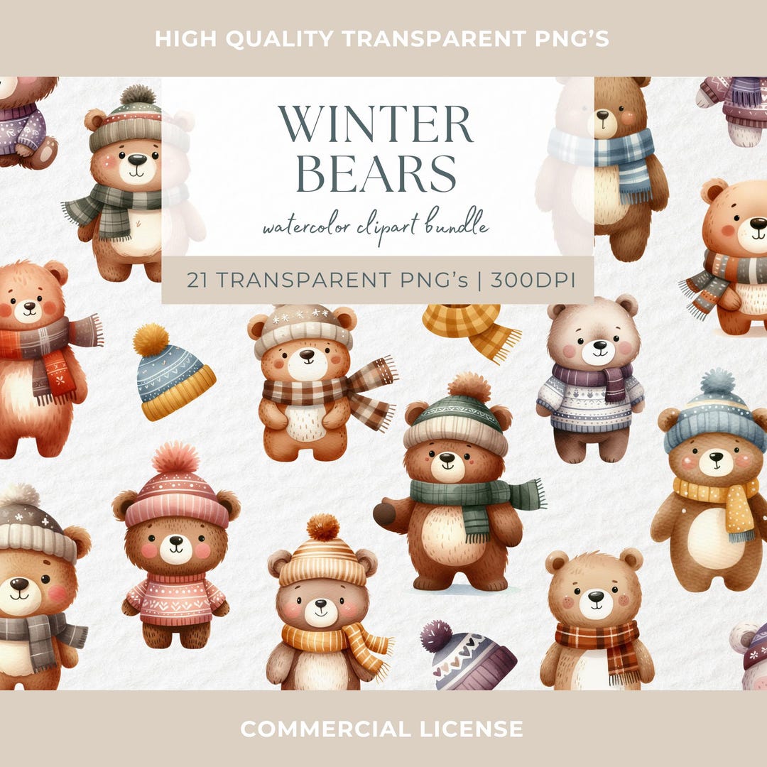 Winter Teddy Bears Watercolor Clip Art Cute Bear Baby Shower Nusery ...