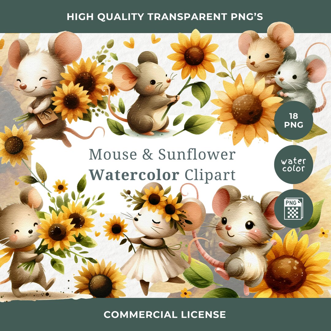 Mouse and Sunflower Clipart Set of 18, Spring and Summer Sun Flower PNG ...