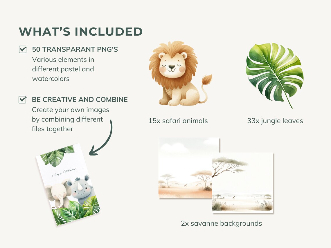 Cute Jungle Animals Clipart, Safari Baby Animal PNG, Watercolor Animal ...