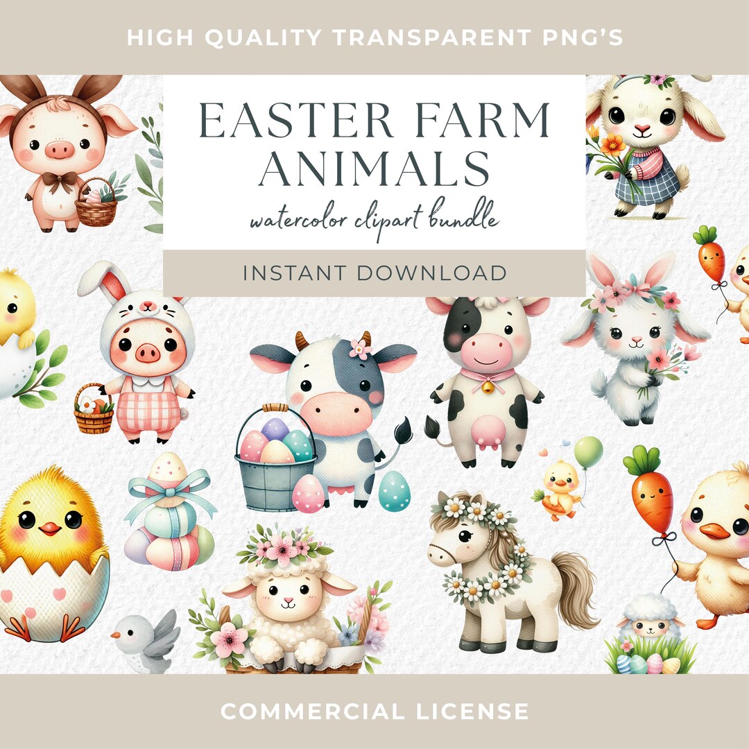 Easter Spring Farm Animals Nursery Printable Clipart Bundle Watercolor ...