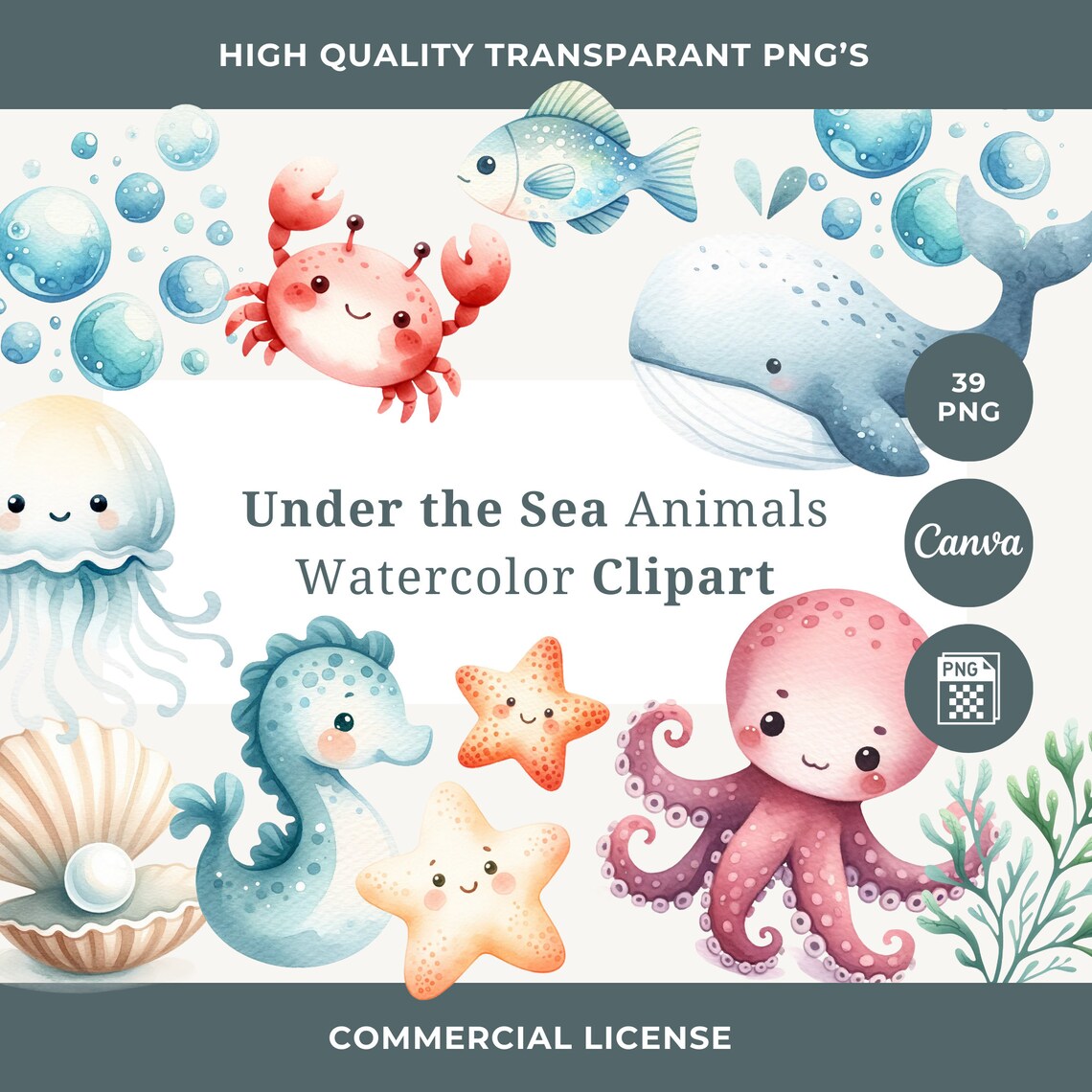 Cute Under the Sea Animals Watercolor Clip Art Bundle Undersea Clipart ...