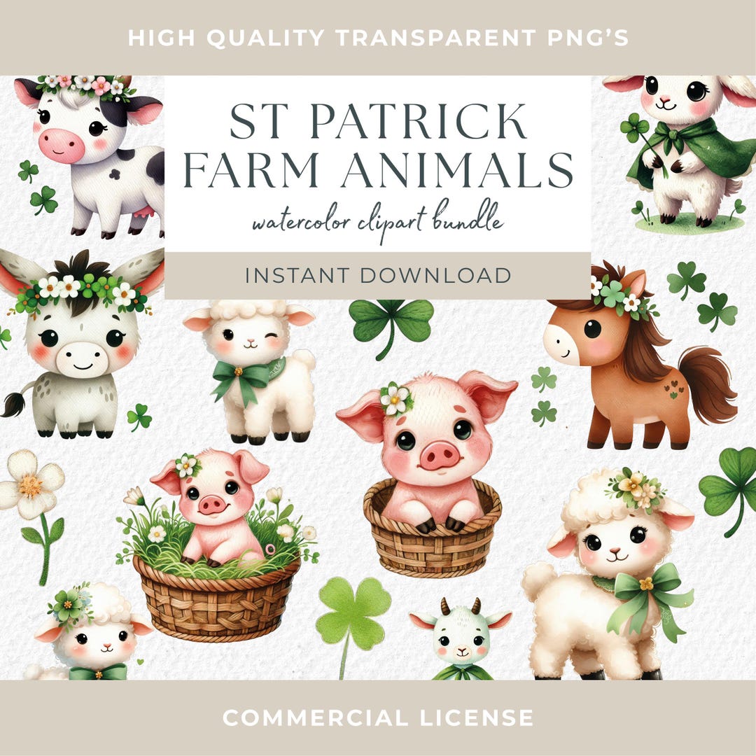 Saint Patricks Farm Animal Clipart Watercolor Festive St Patrick Day ...