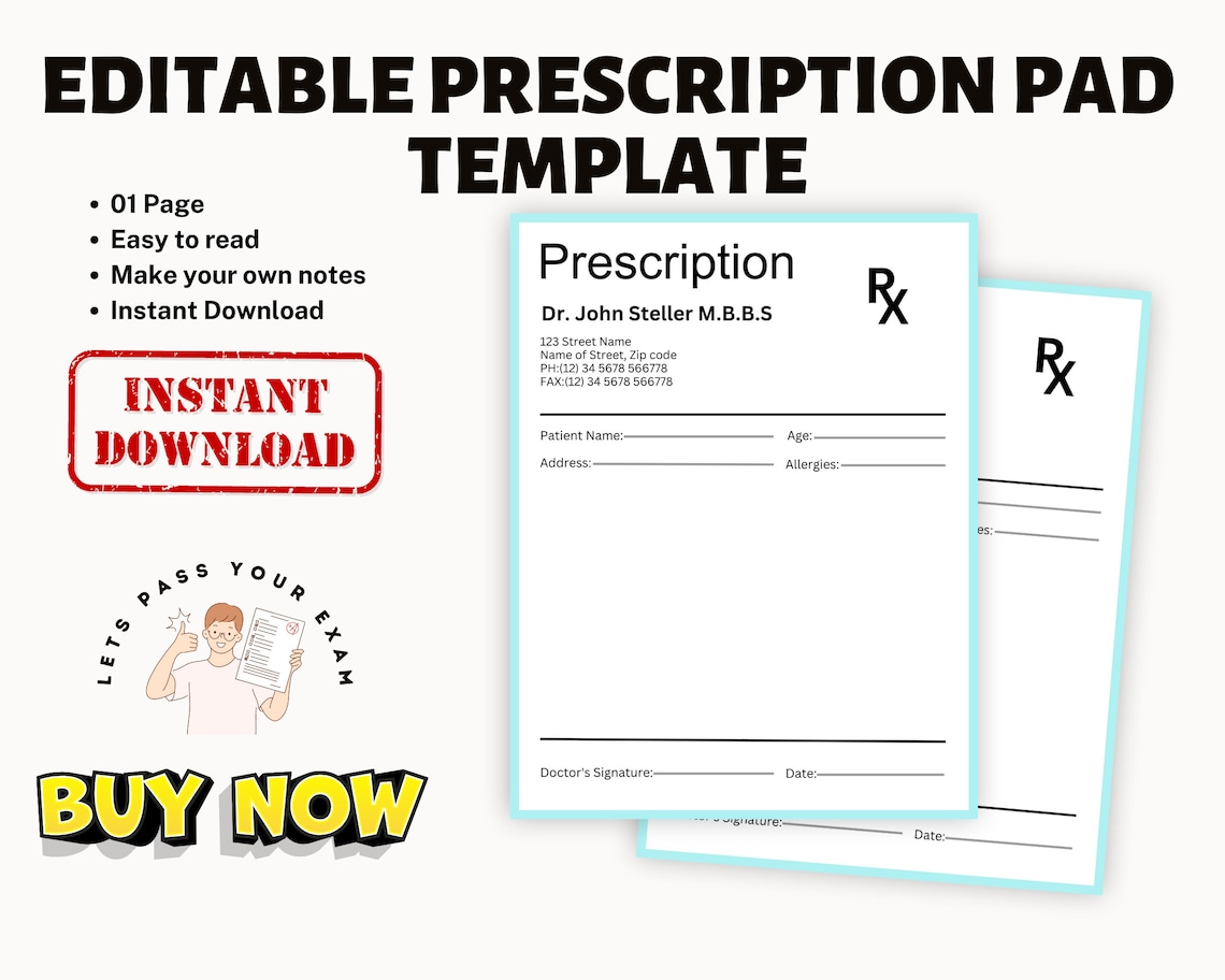 Medical Prescription Pad Template: Doctor Rx Form (CANVA, Digital ...