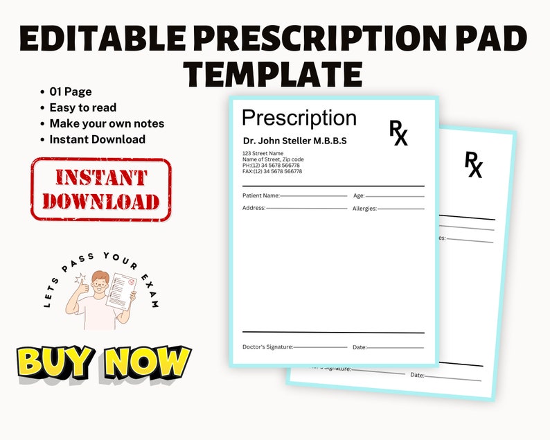 Medical Prescription Pad Template: Doctor Rx Form (CANVA, Digital ...
