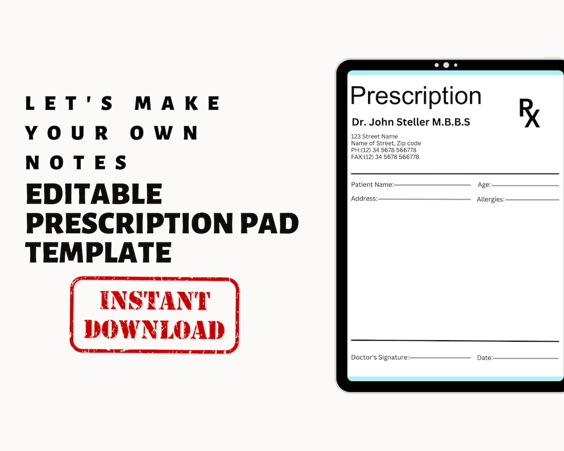 Medical Prescription Pad Template: Doctor Rx Form (CANVA, Digital ...