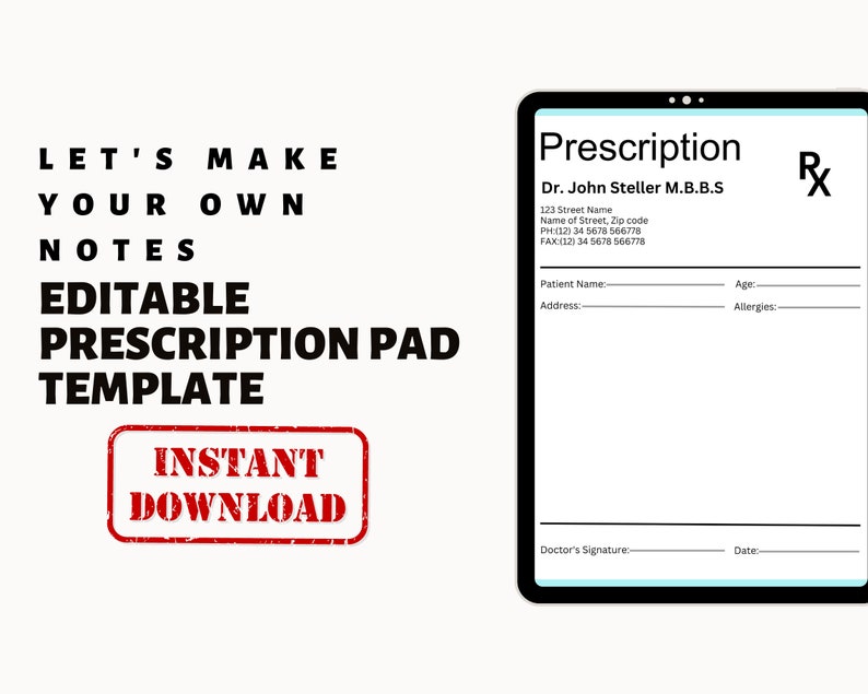 Medical Prescription Pad Template: Doctor Rx Form (CANVA, Digital ...