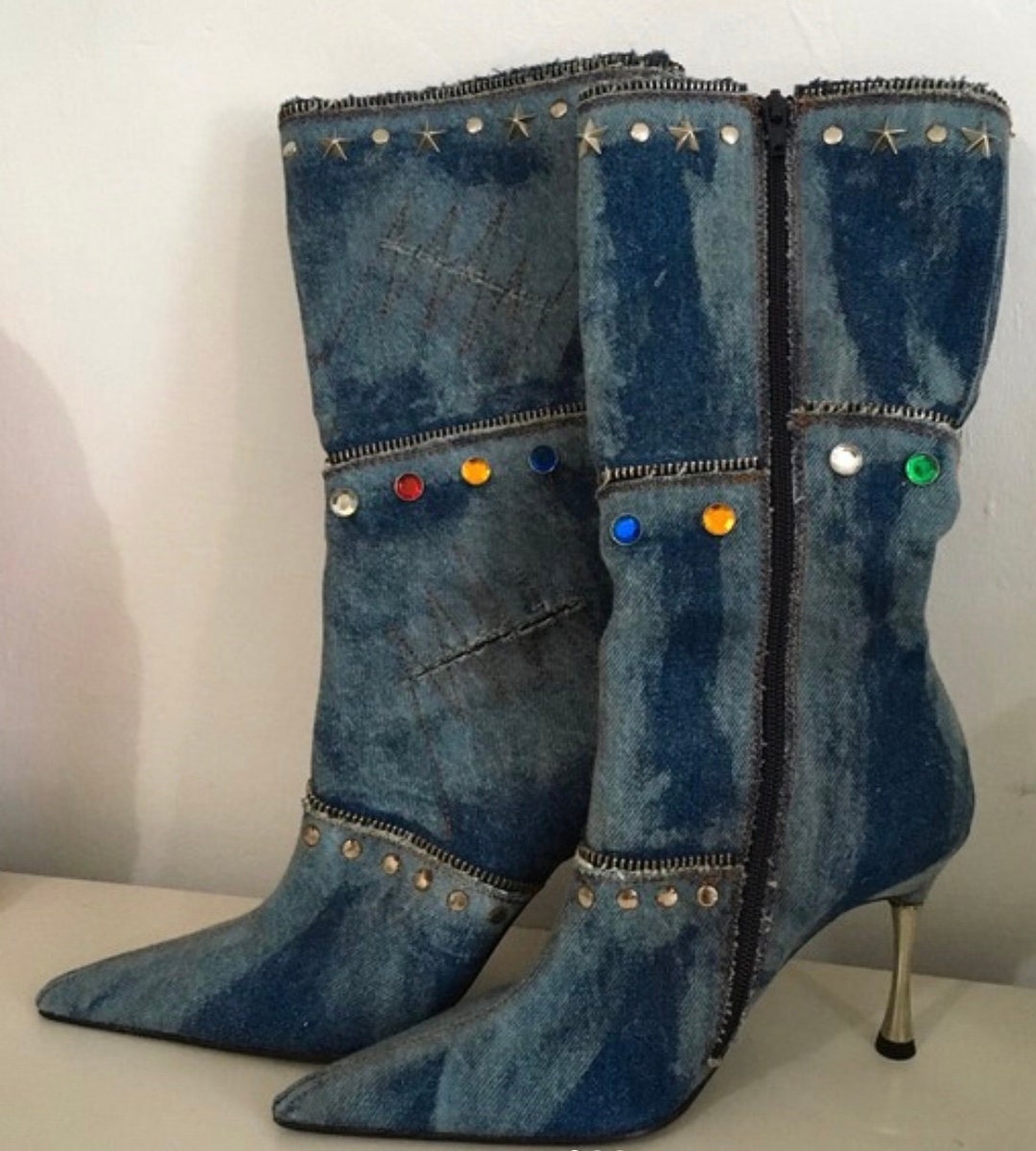 Unique Bejewelled Gems Zips & Star Studs Art Deco Boots With Silver ...
