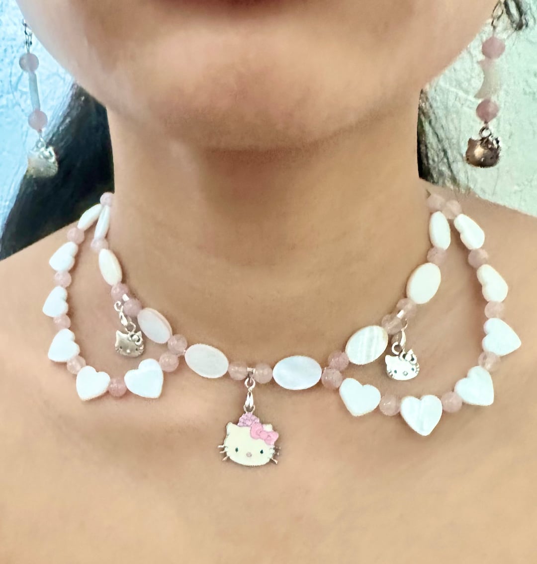 High Quality Handmade Hello Kitty Necklace and Earrings Made of Mother ...