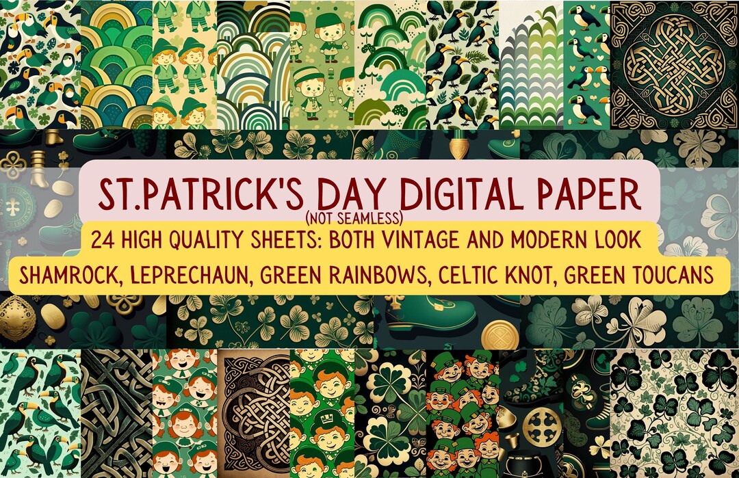 IRISH DIGITAL PAPER St Patrick's Digital Paper Shamrock Vintage Rainbow ...
