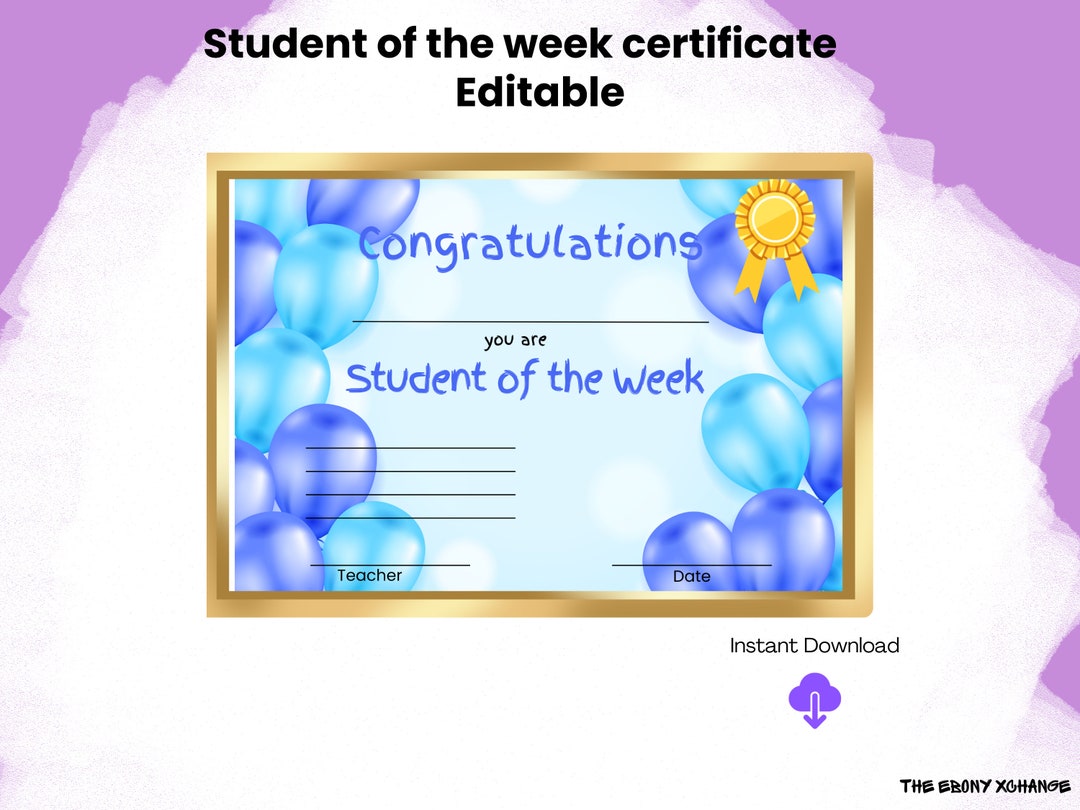 Student of the Week Certificate, Editable, Canva, PDF, Printable - Etsy