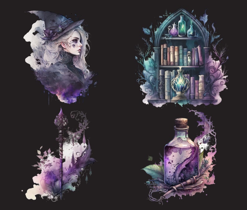 33 PNG Watercolor Mystic Witch Clipart, Gothic Witch Clip Art, Witch ...