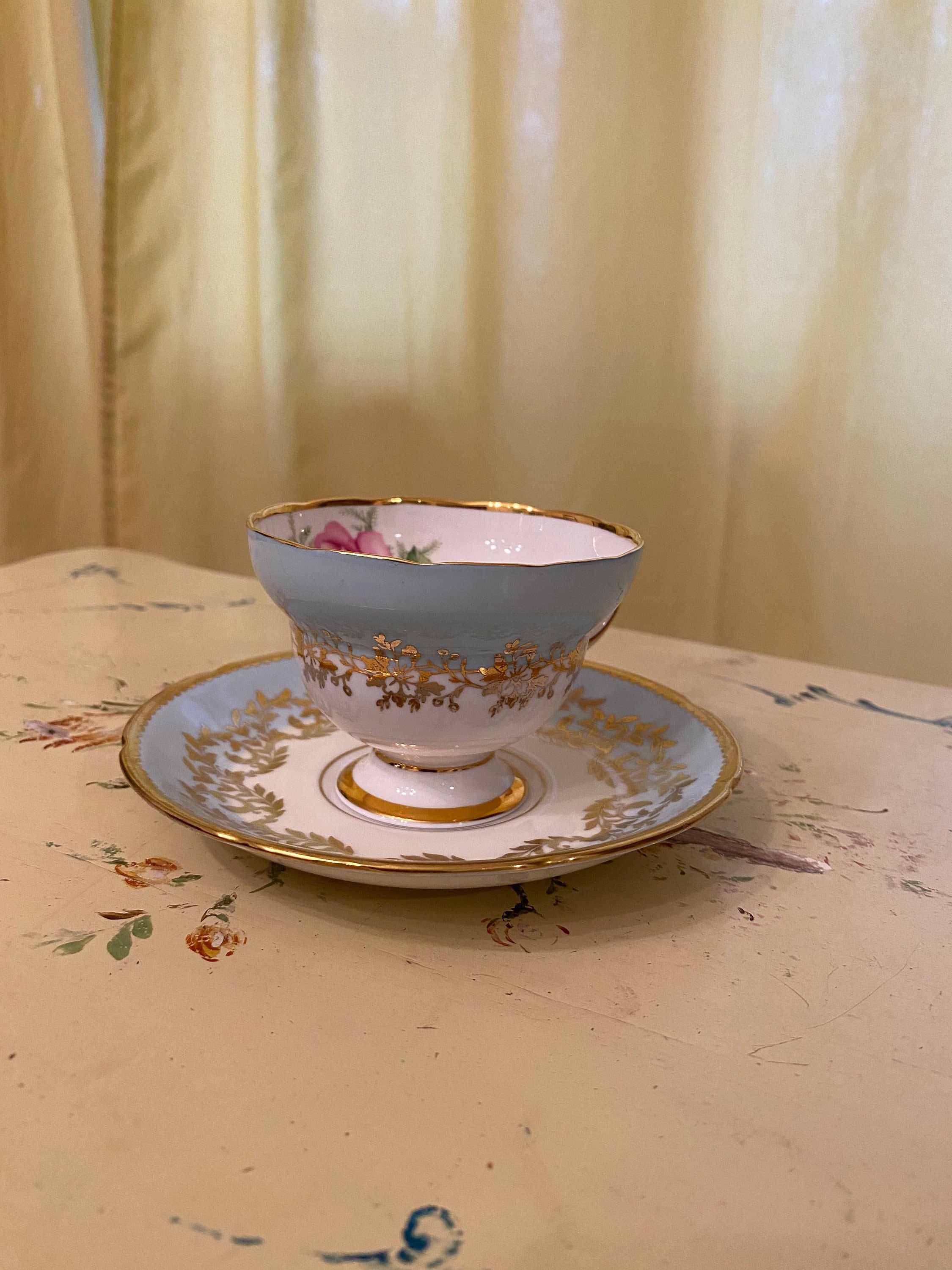 Vintage, English Teacup With Gold Trim, Pale Blue and White, Rose Inside the Teacup - Etsy