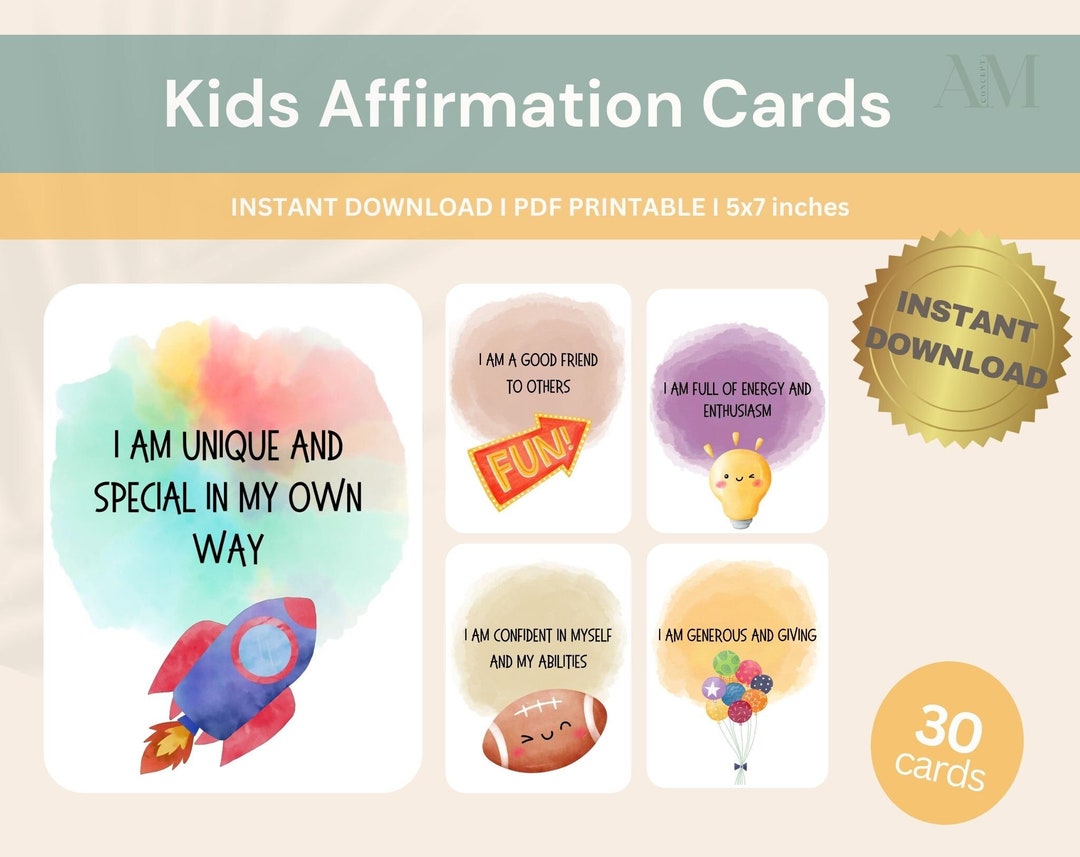 Set of 30 Printable Kids Affirmation Cards, Kids Motivation ...