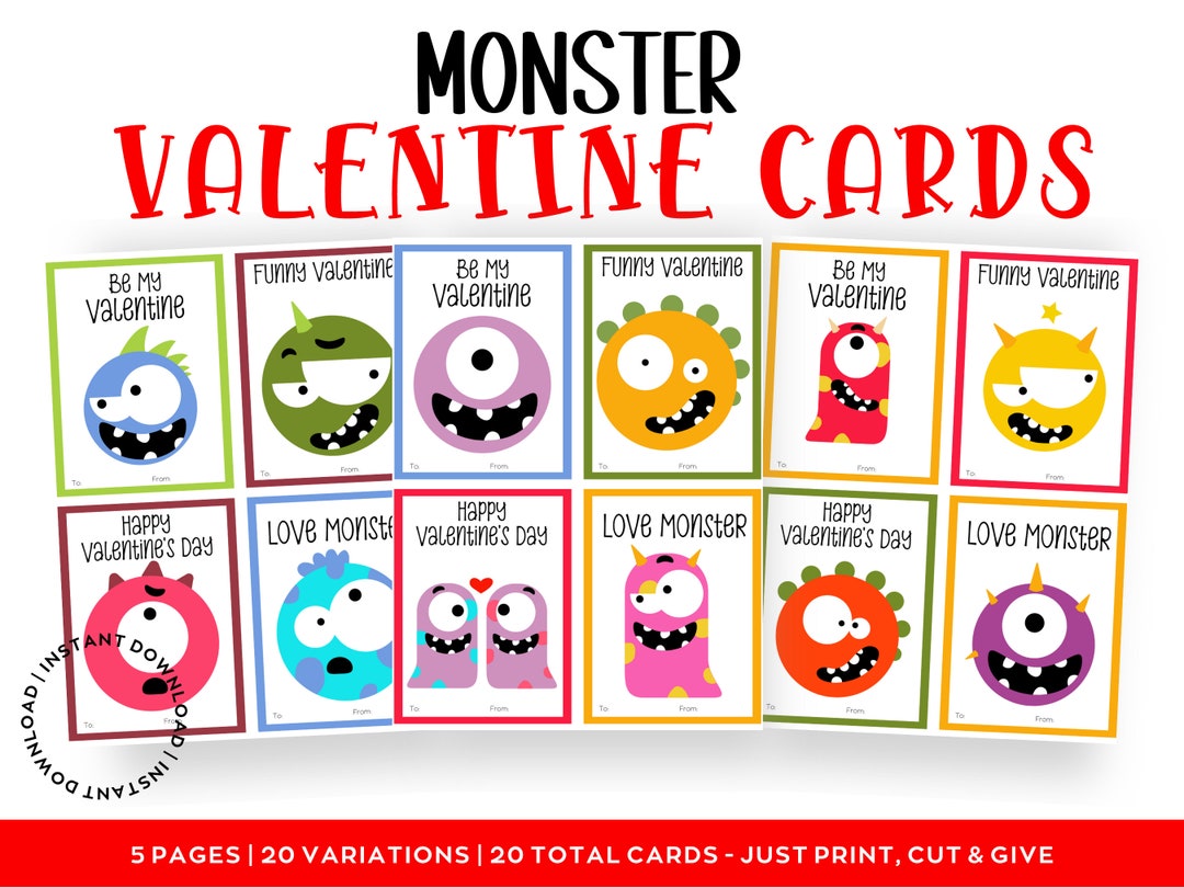 Cute Monster Valentine Cards | Printable Valentine Cards | Valentine ...