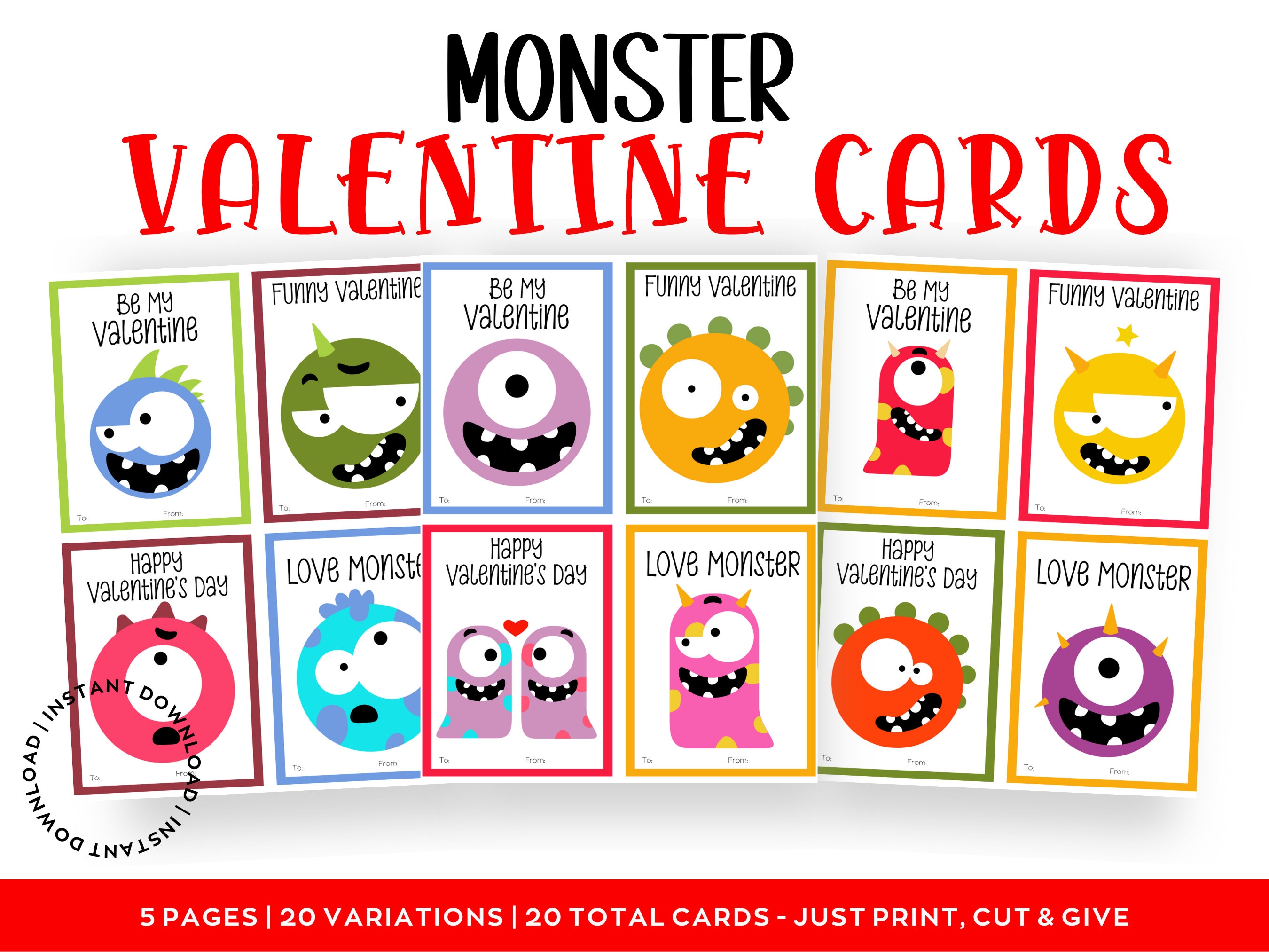 Cute Monster Valentine Cards Printable Valentine Cards - Etsy