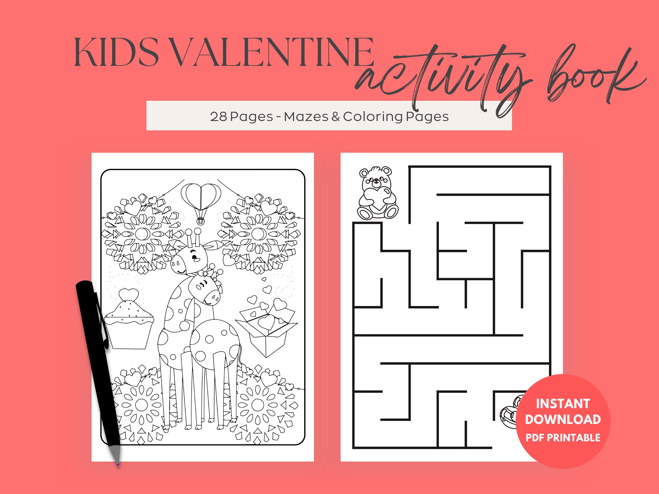 Coloring Page Printable Valentine | Kids Activity Book | Mazes ...