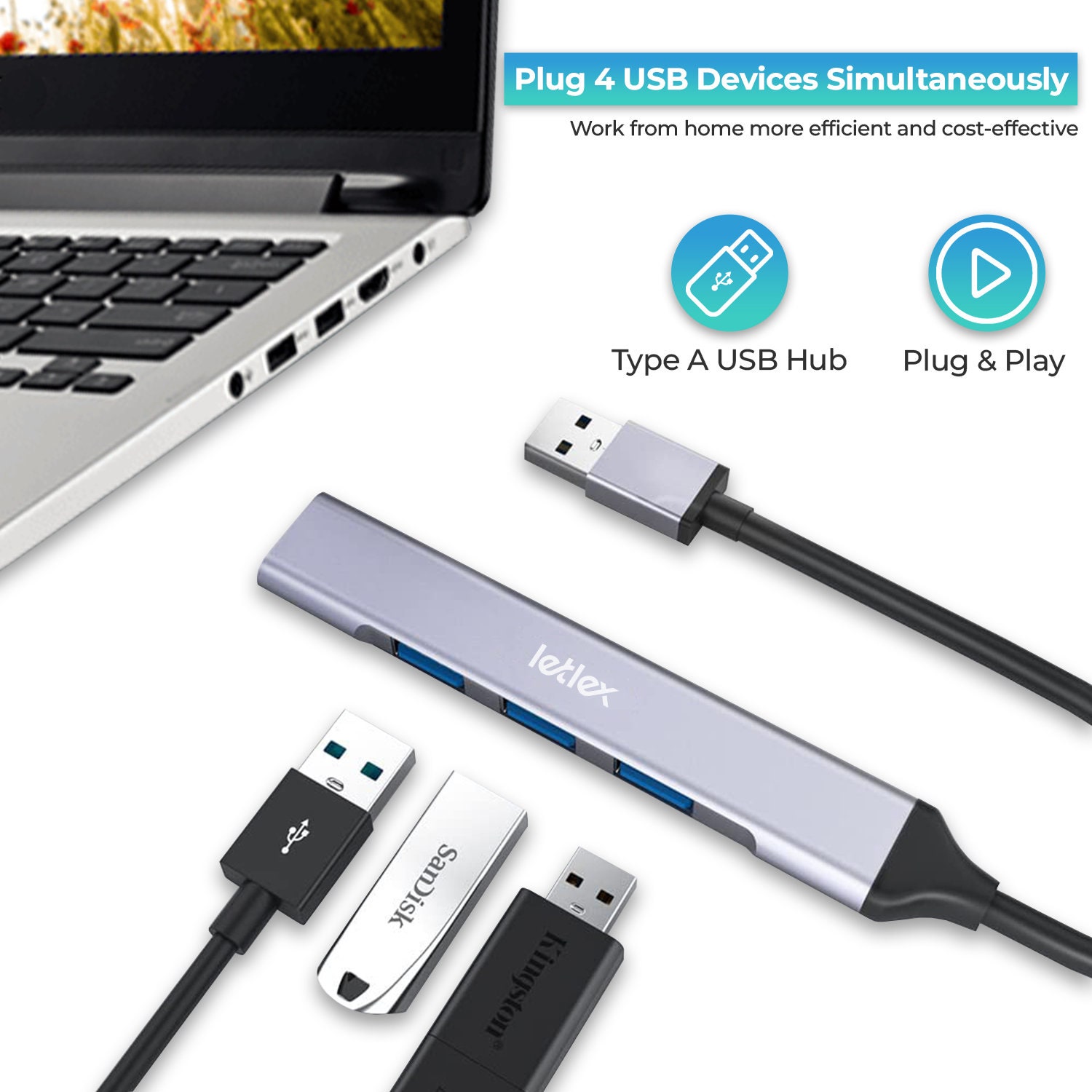 LETLEX 4in1 Usb Hub 3.0 Usb Port Expander Usb Extender Usb Type a Hub ...