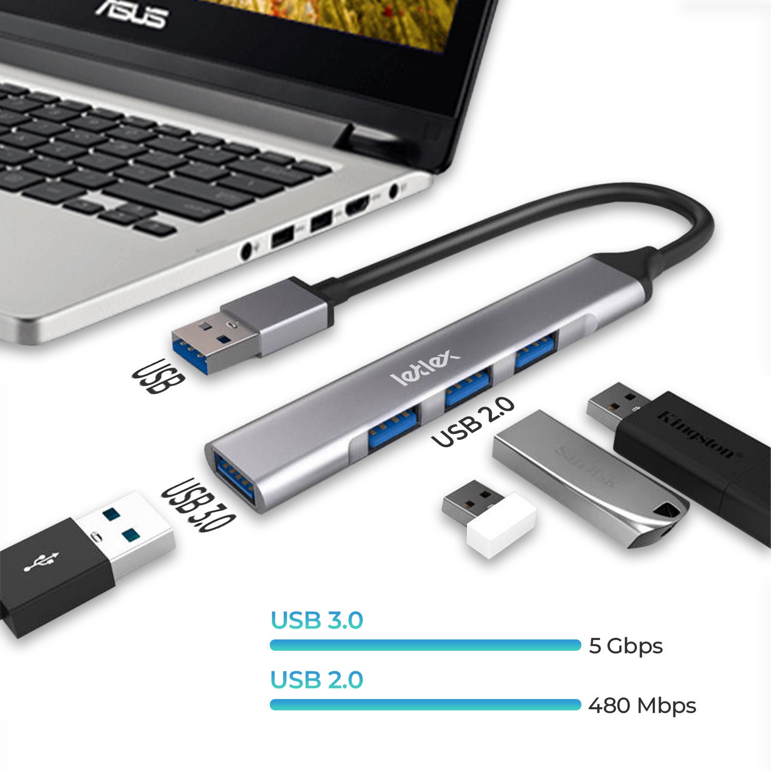 LETLEX 4in1 Usb Hub 3.0 Usb Port Expander Usb Extender Usb Type a Hub ...