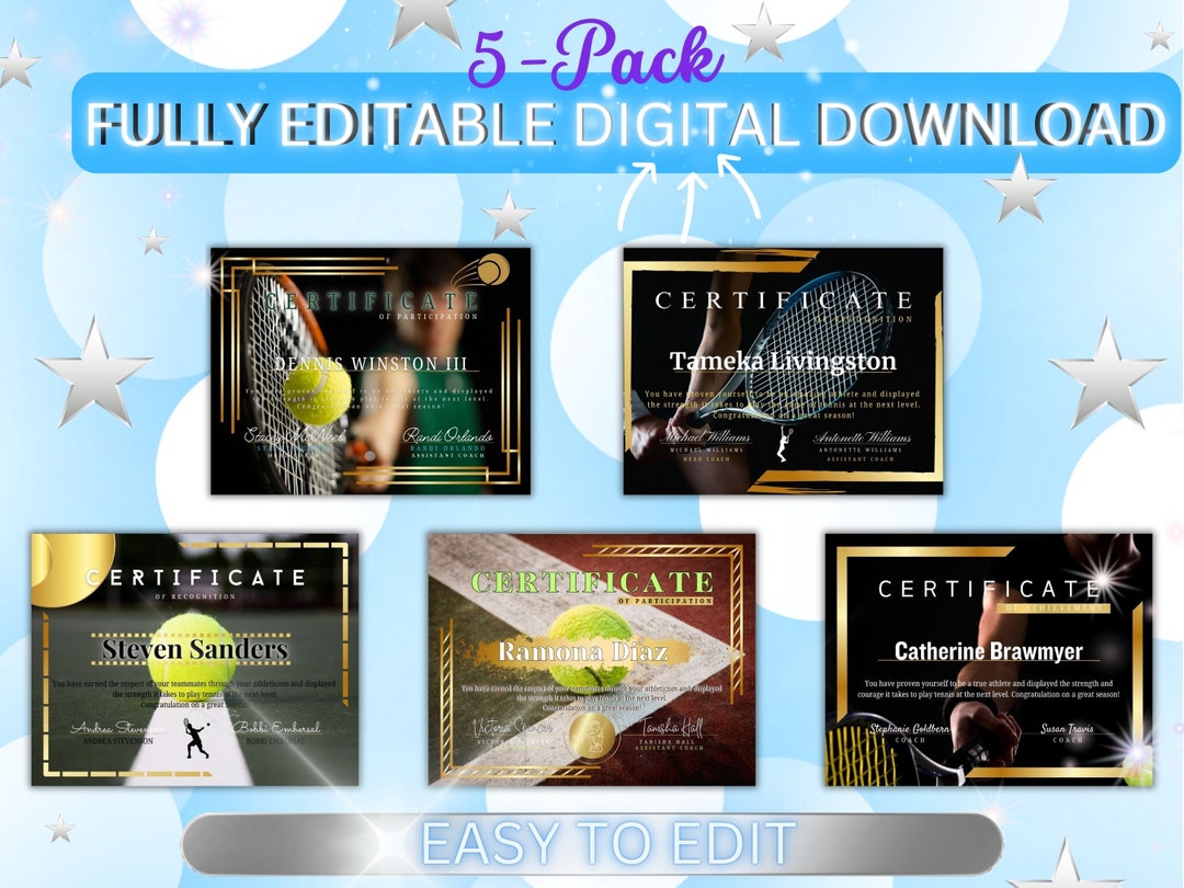 Tennis Certificate, Editable Tennis Certificate Award, Tennis Trophy ...