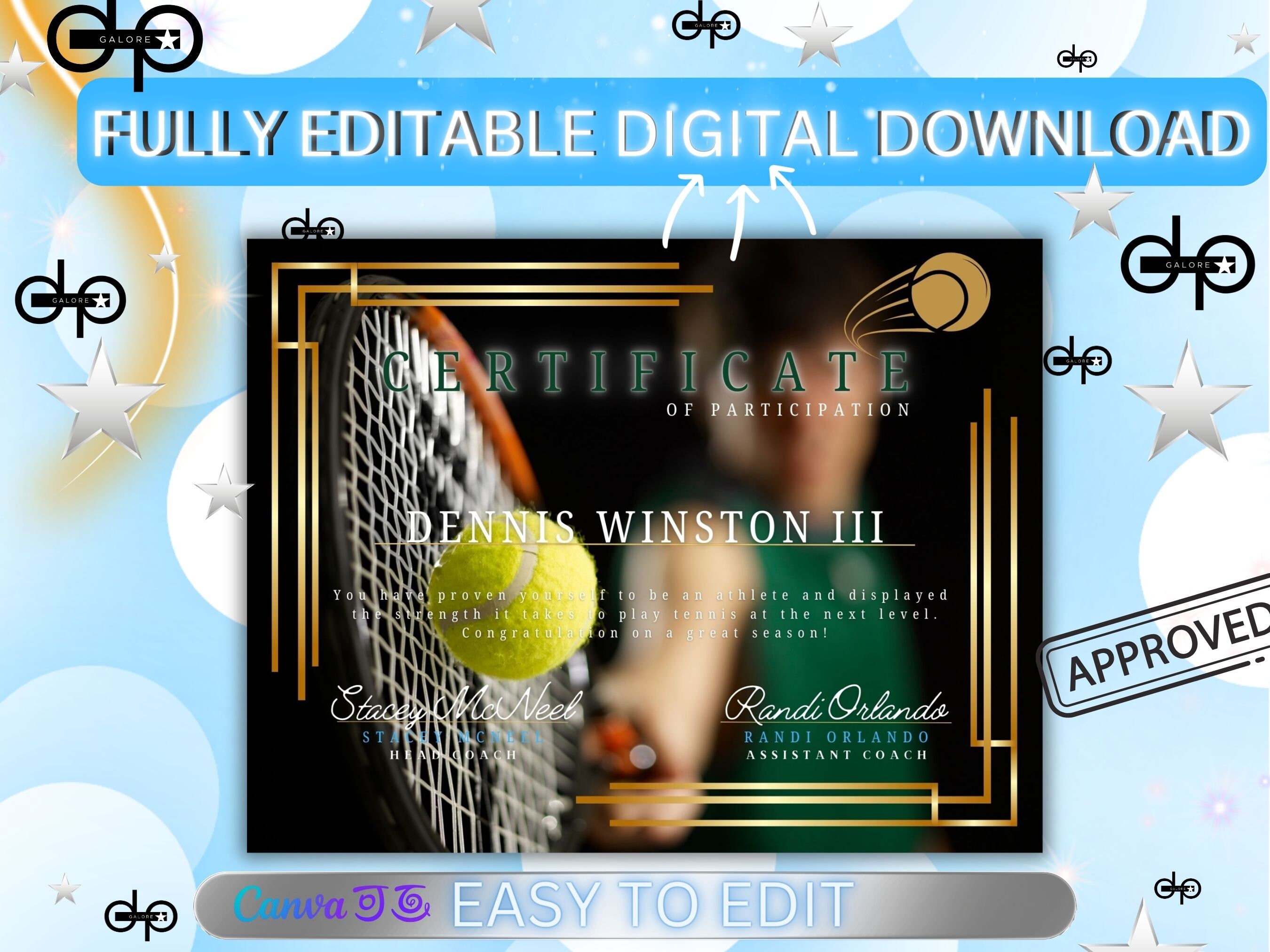 Tennis Certificate, Editable Tennis Certificate Award, Tennis Trophy ...