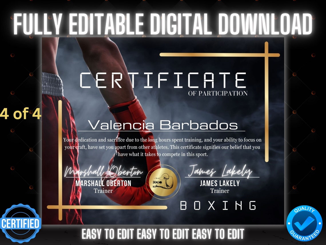 Instant Download Printable Boxing 8.5x11 Certificate, Boxing Award ...