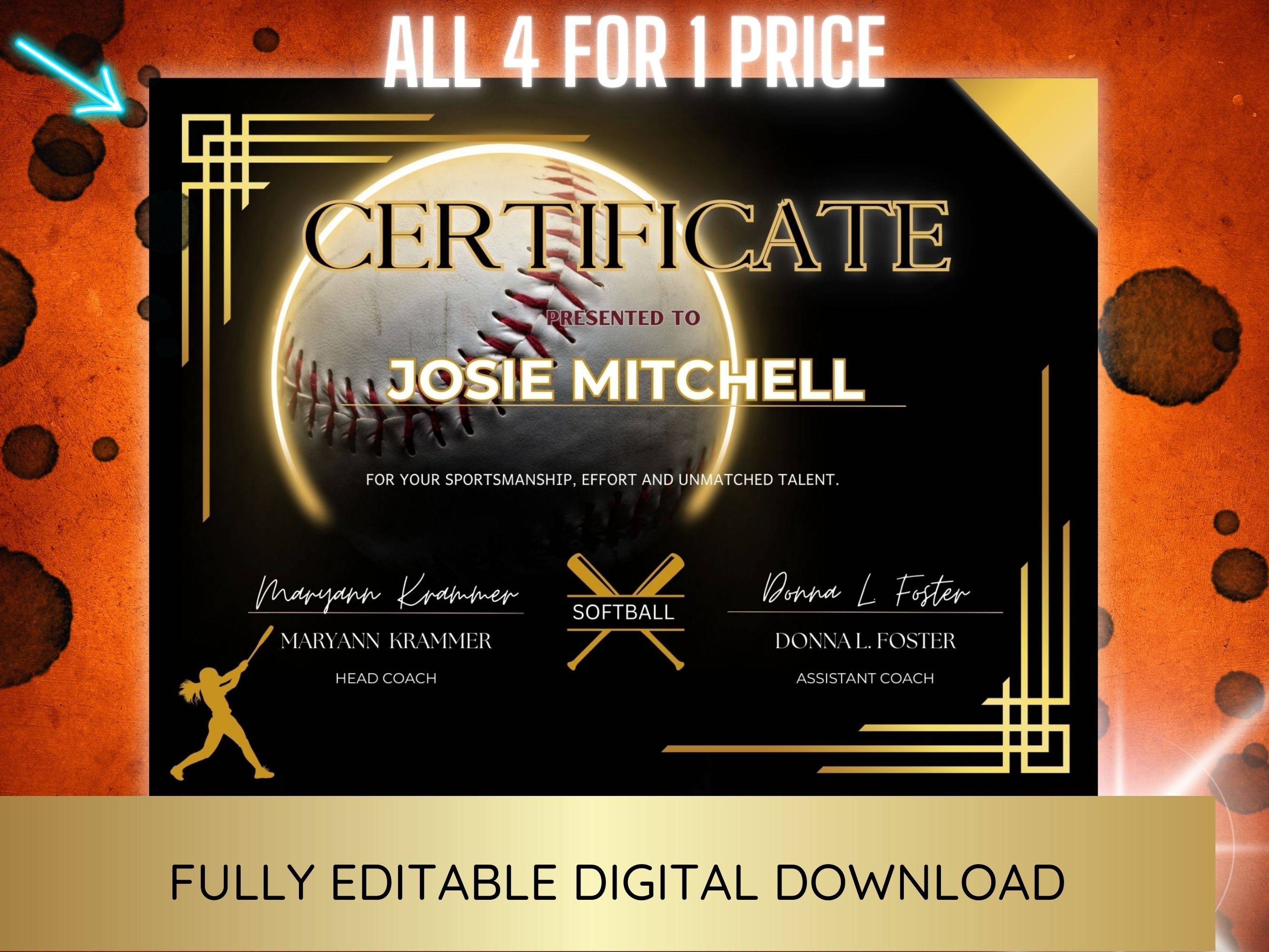 Softball Award Certificate, End of Season Team Award, Editable Softball ...